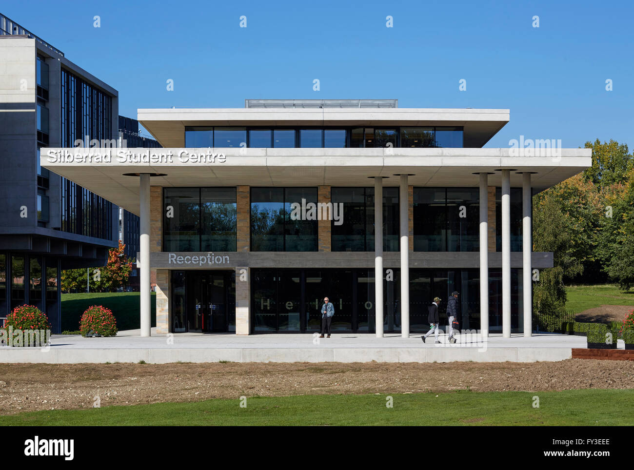 Silberrad Student Centre with passing students. Albert Sloman Library ...