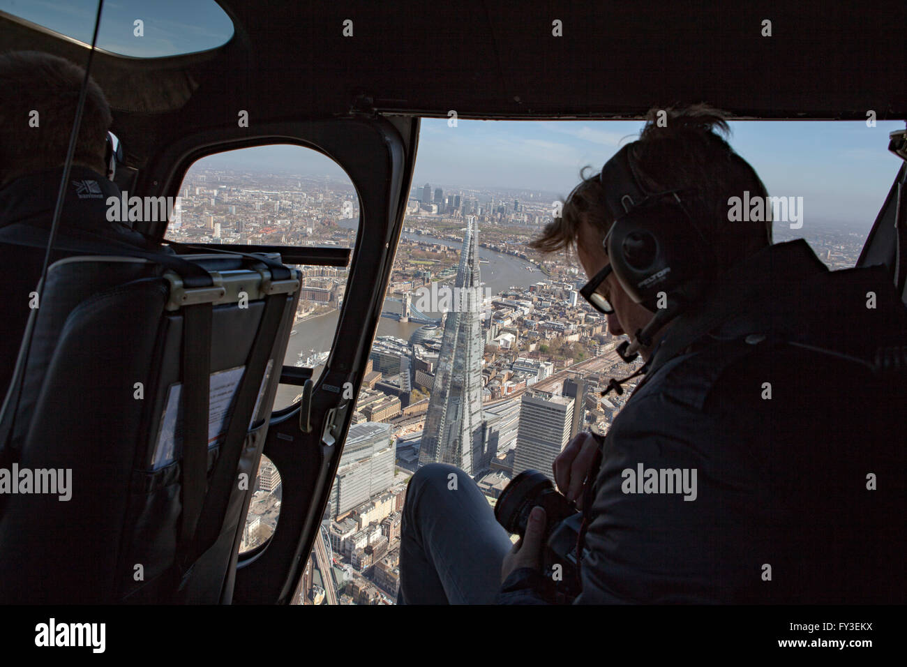 Helicopter over London view from Cockpit and through open door Stock ...