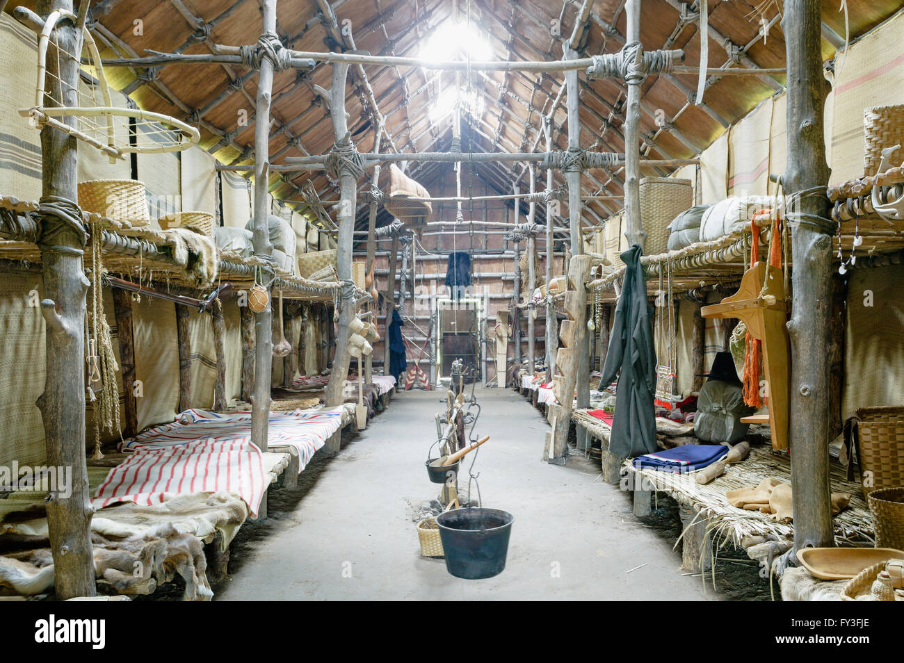 Traditional Iroquois bark longhouse interior, Ganondagon Seneca site ...