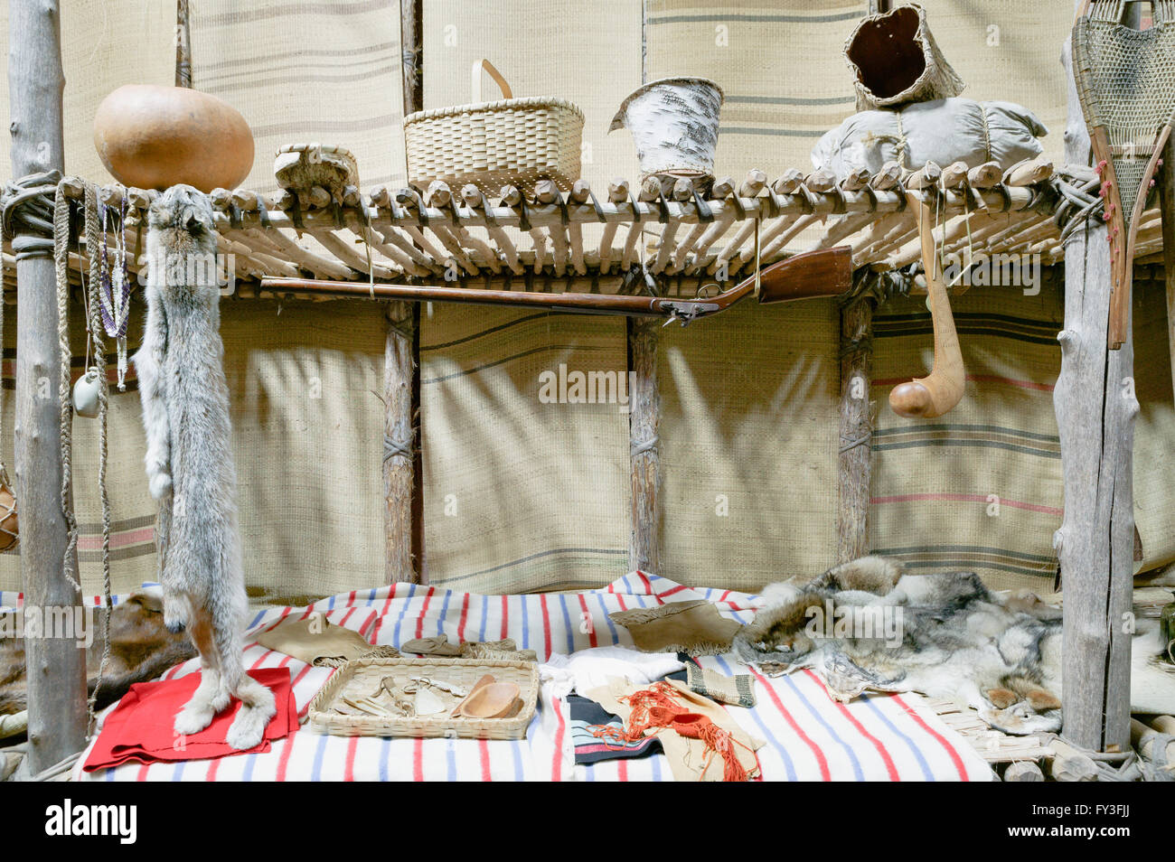 Traditional Iroquois bark longhouse interior, Ganondagon Seneca site ...