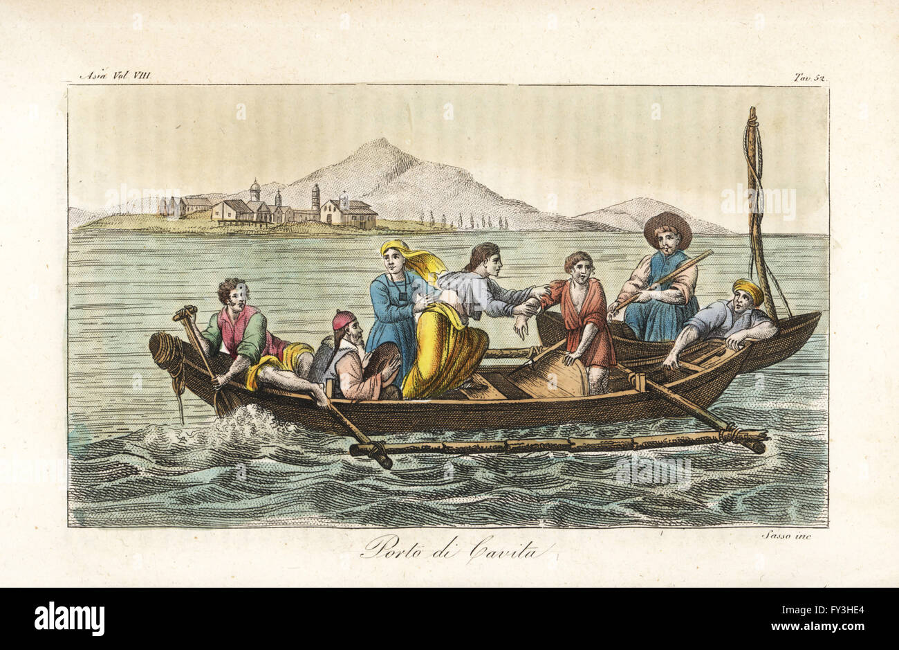 Tagalog people on a boat in front of Puerto de Cavite, Spanish port in ...