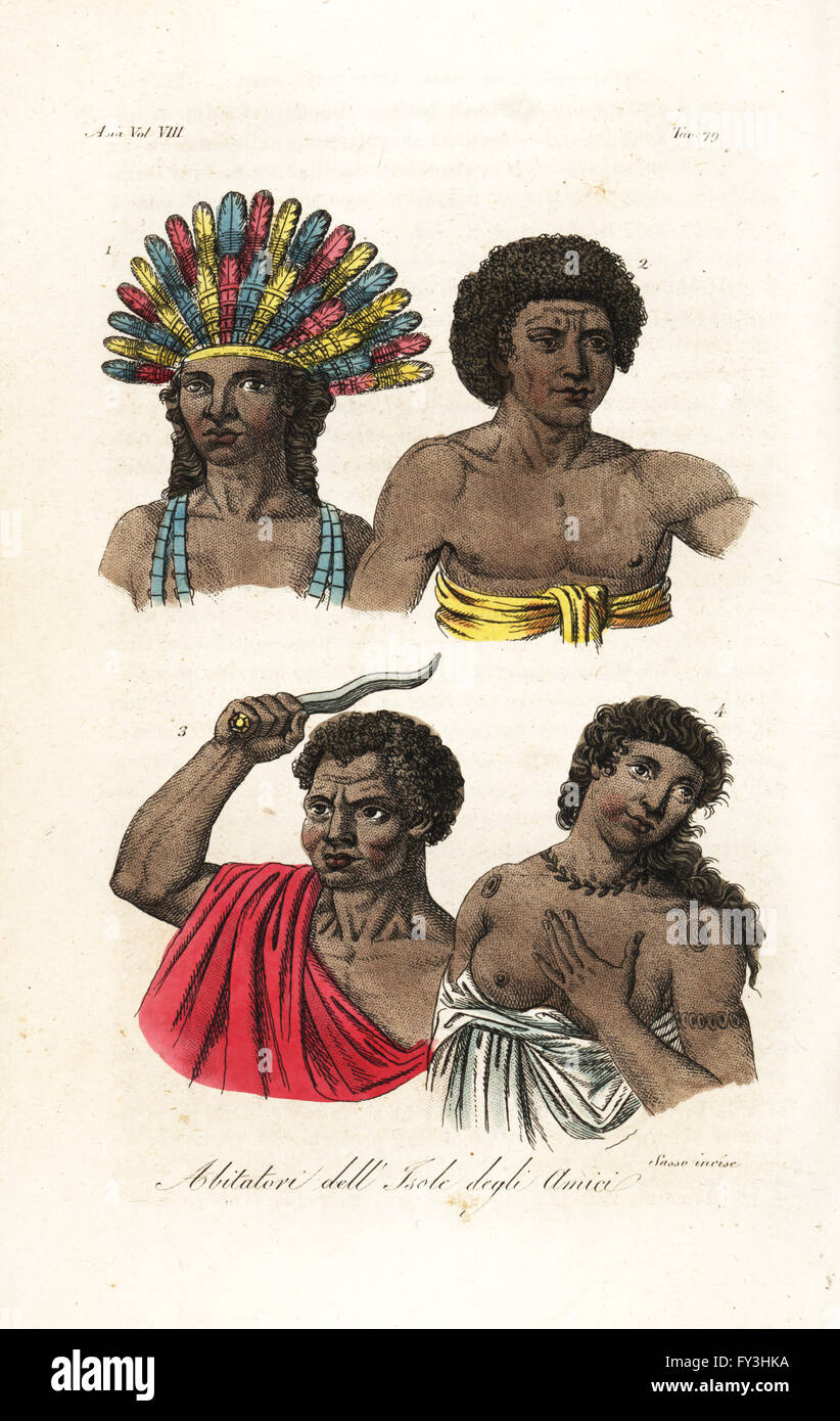 Natives of Tonga (Friendly Islands). King Poulaho in feather headdress ...
