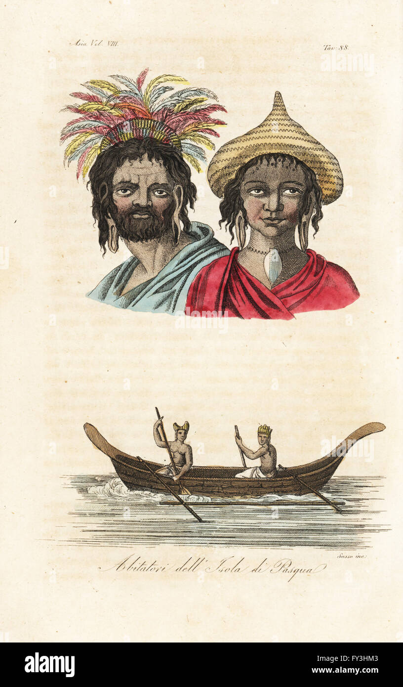 Natives of Easter Island or Rapa Nui. Man and woman in hats with long ...