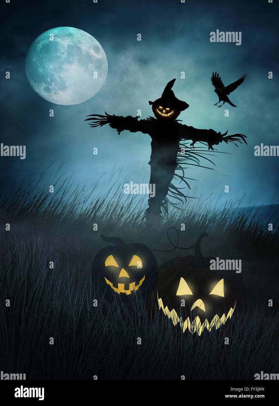 Silhouette of a scarecrow in fields of grass at night Stock Photo - Alamy