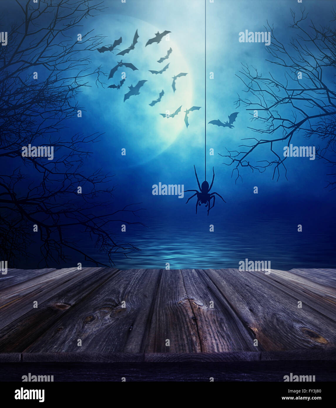 Wooden floor with spider and spooky Halloween background Stock Photo ...