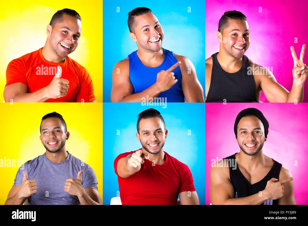 facial expressions of two personal trainers in different colored ...