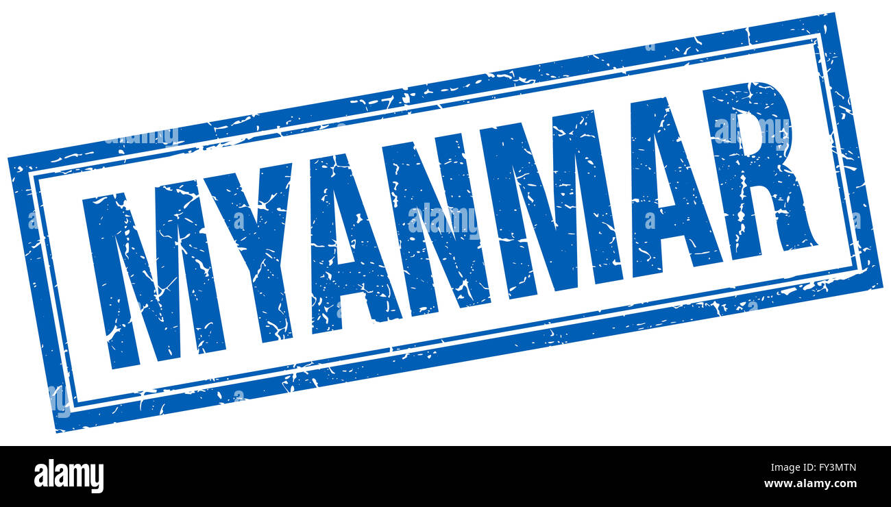 Myanmar blue square grunge stamp on white Stock Photo - Alamy