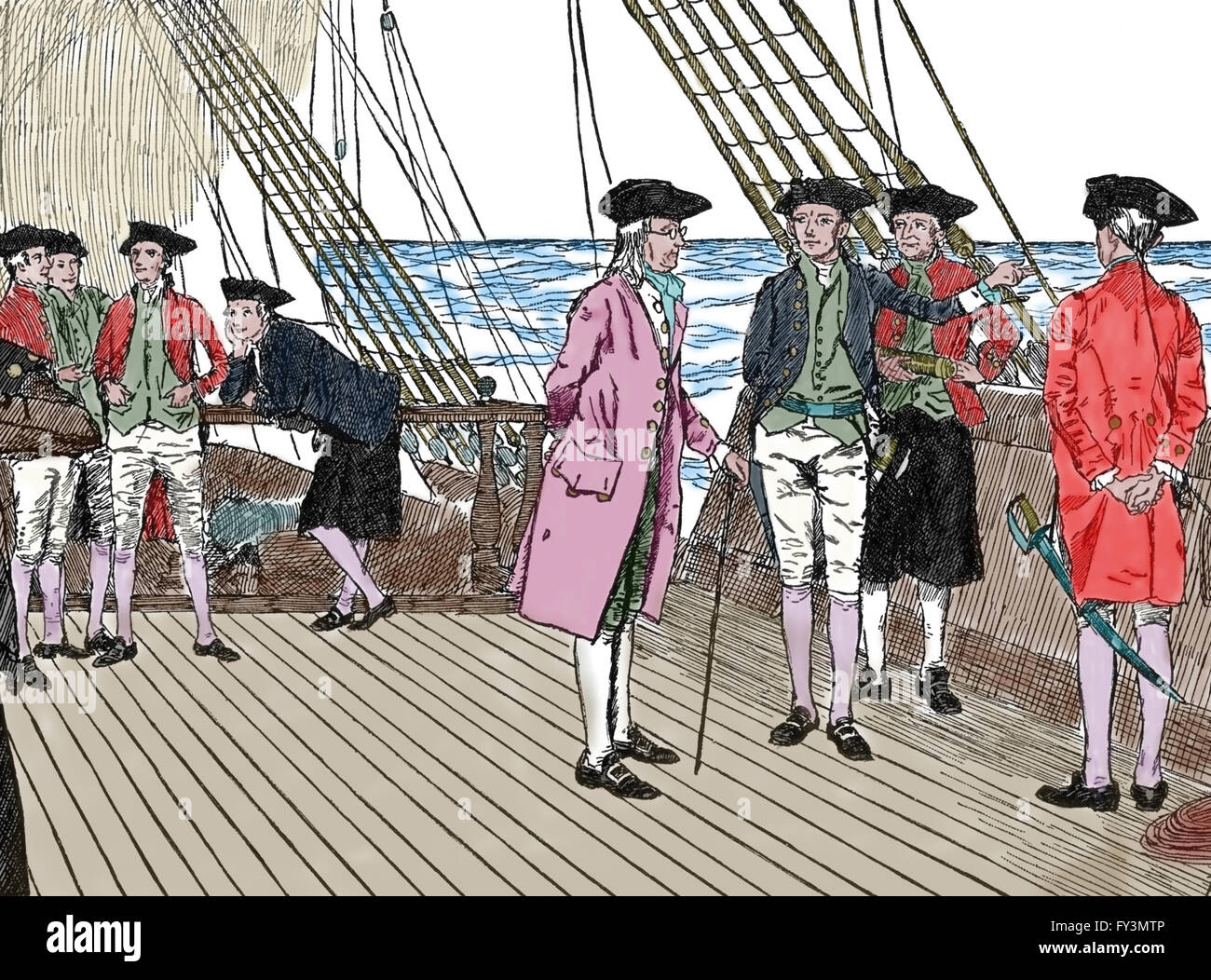 Travel to France of Benjamin Franklin (1706-1790). Engraving. Colored ...