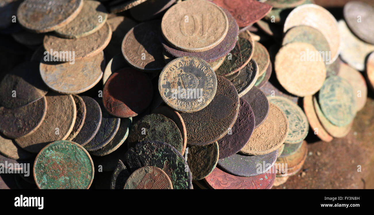 Old coins on wooden table Stock Photo - Alamy