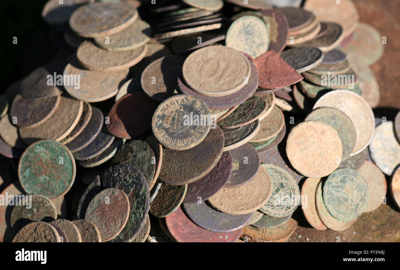 Old coins on wooden table Stock Photo - Alamy