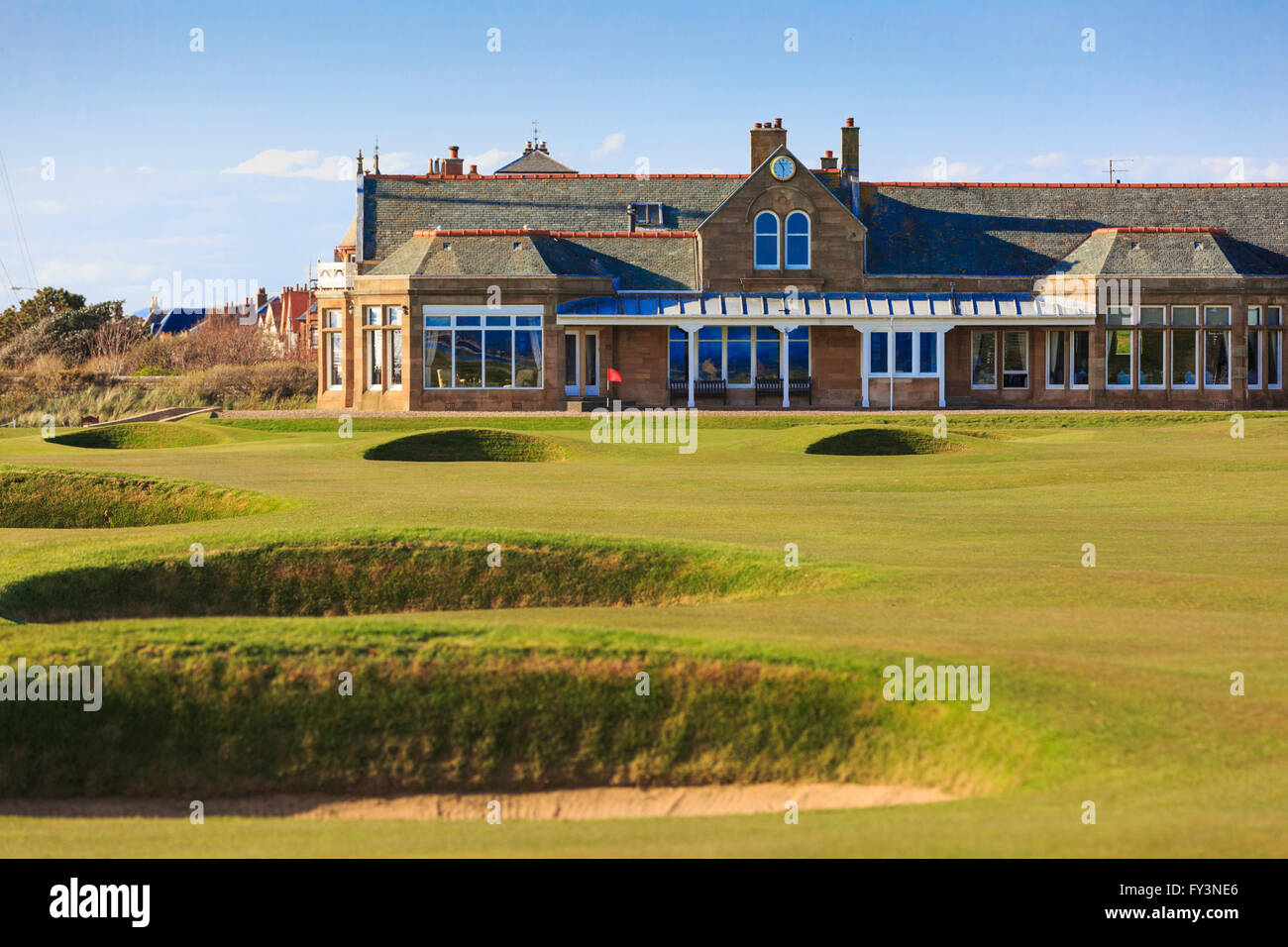 Eighteenth fairway, green and bunkers on Royal Troon Golf Course with ...