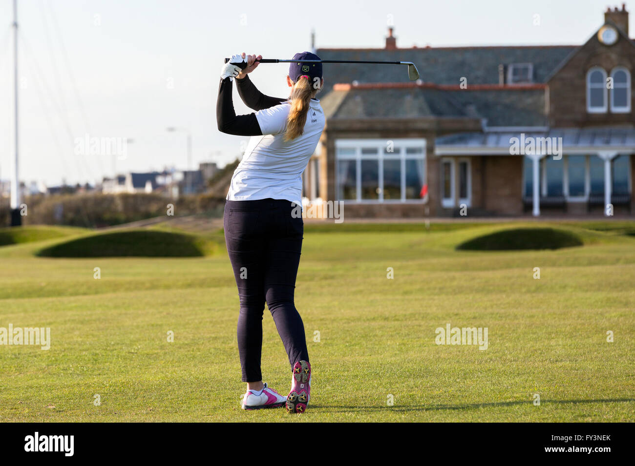 Orphee Bugnard, lady golfer from Switzerland, playing an iron shot into ...