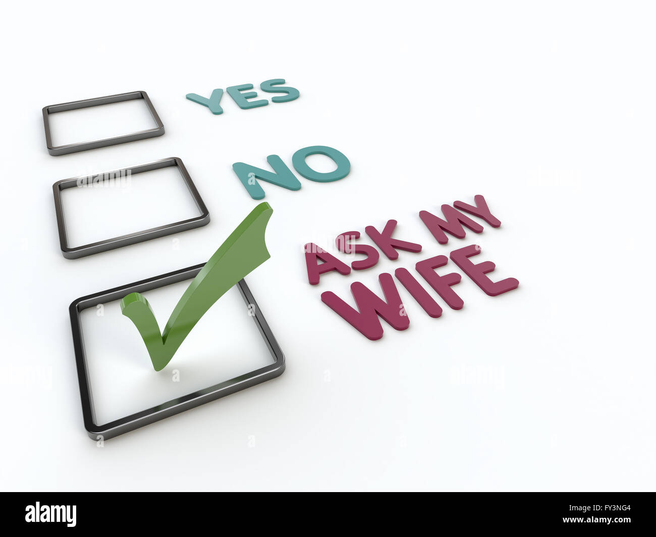Closeup view of a humorous checklist with yes, no and ask my wife Stock ...