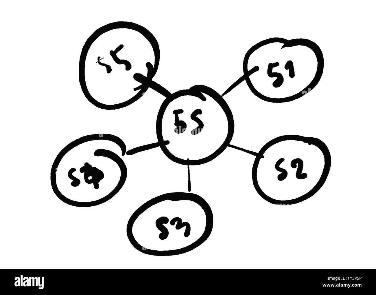 Circle of management 5S activities create in the hand drawn design on ...