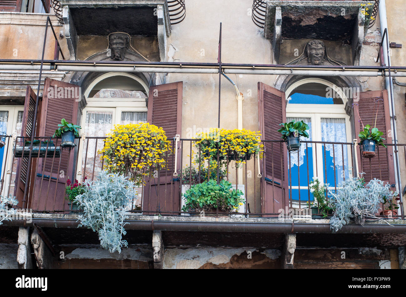 Balcony full of flowers in the erba square in Verona Stock Photo - Alamy