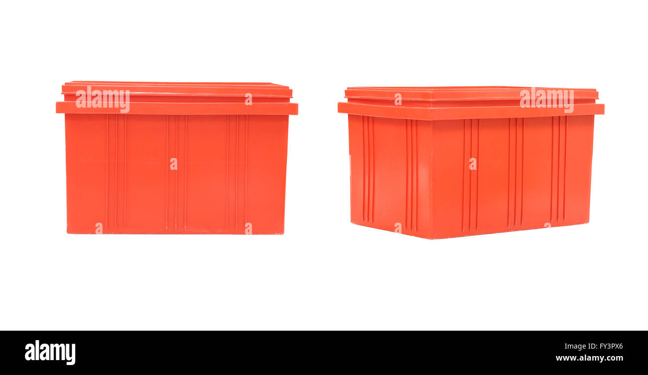 Red Plastic box Packaging of finished goods on white background and ...