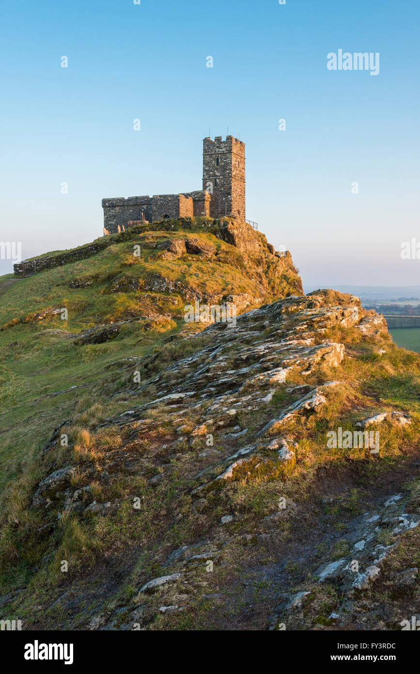 Evening light illuminates Brentor Church, Brent Tor, Dartmoor National ...