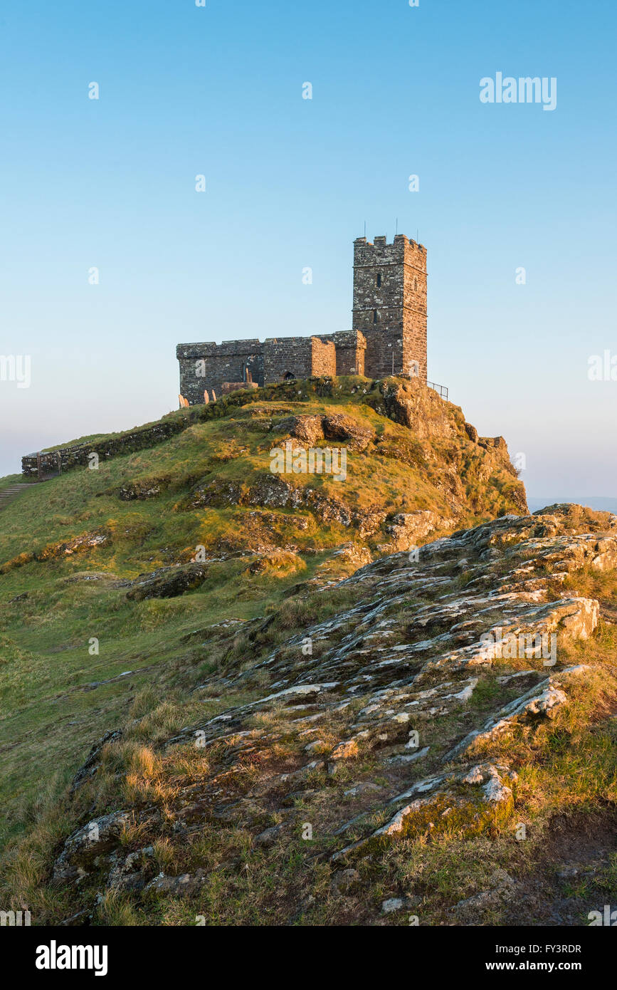 Evening light illuminates Brentor Church, Brent Tor, Dartmoor National ...