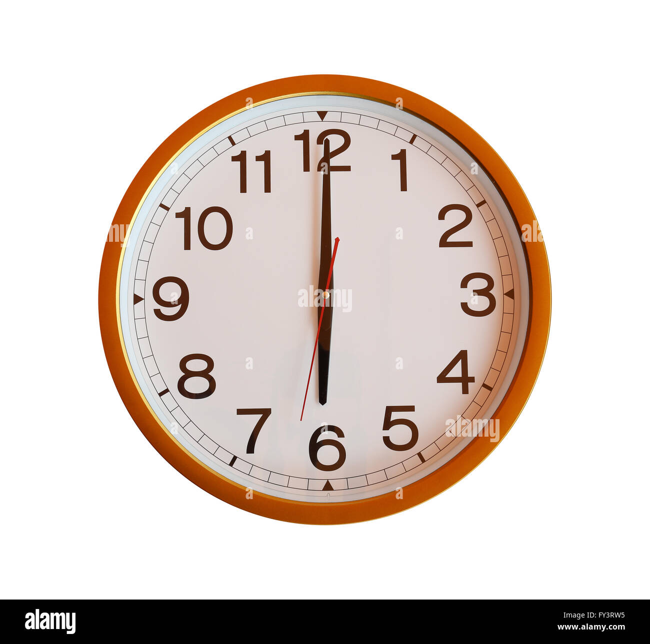 orange wall clock isolated in six o'clock on white background Stock ...