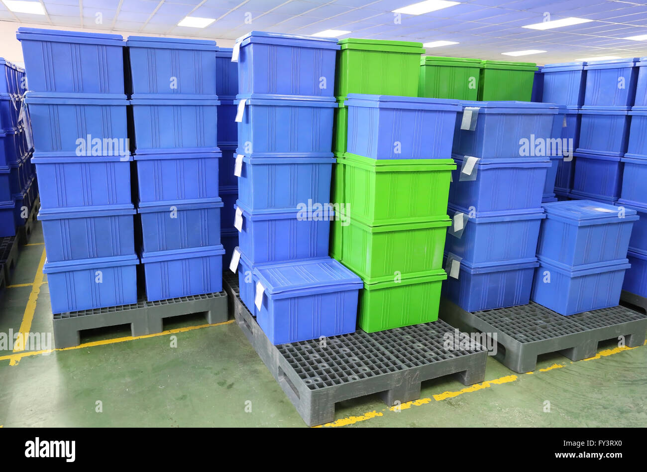 blue Plastic box products in Industrial factory room,Container of ...