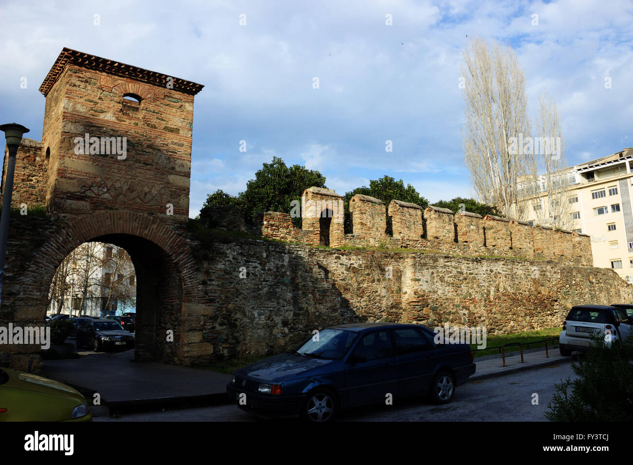 The western castle wall crenelations and gate remains, part of the ...