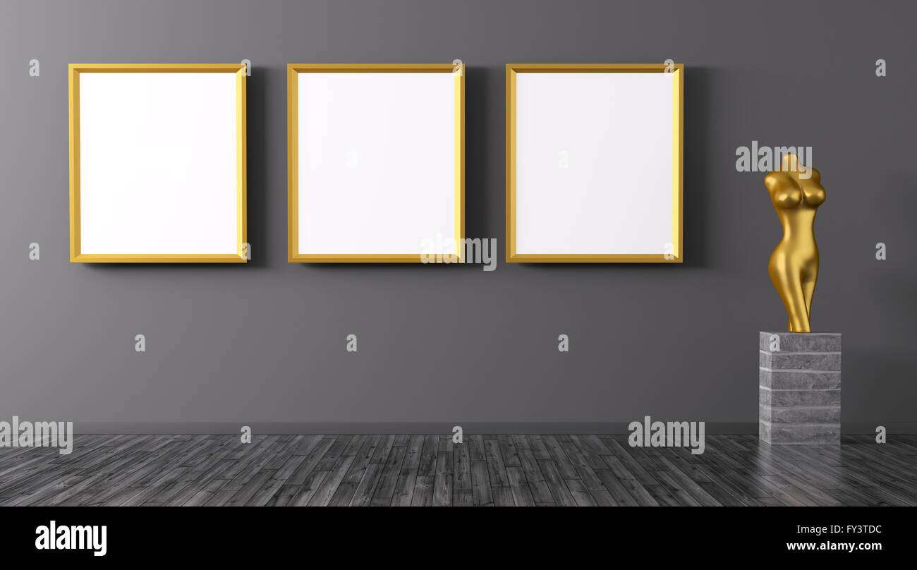 Three golden frames and statuette in room over gray wall interior ...