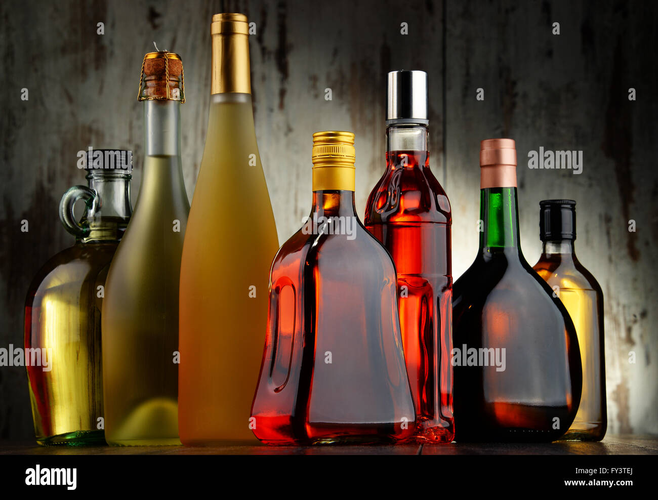 Composition with bottles of assorted alcoholic beverages Stock Photo ...