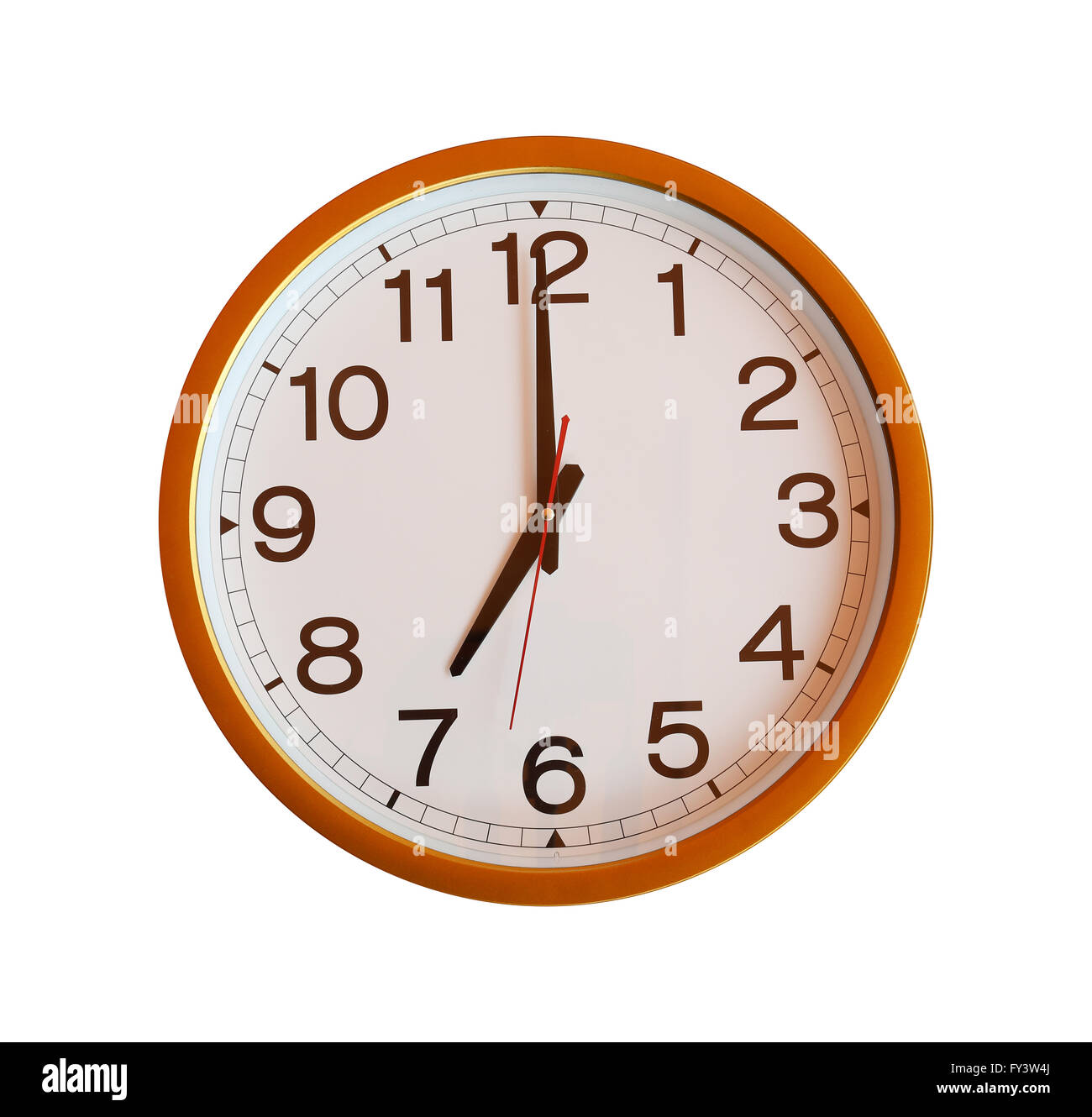 orange wall clock isolated in seven o'clock on white background Stock ...