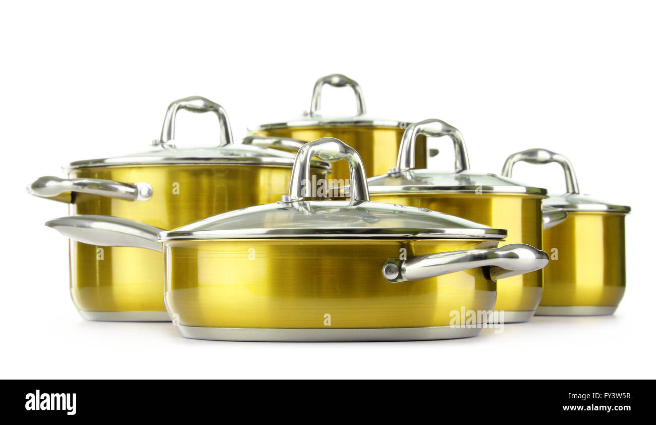 Steel pots isolated on white background Stock Photo - Alamy