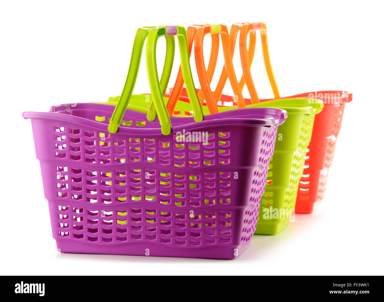 Three empty plastic shopping baskets isolated on white background Stock ...