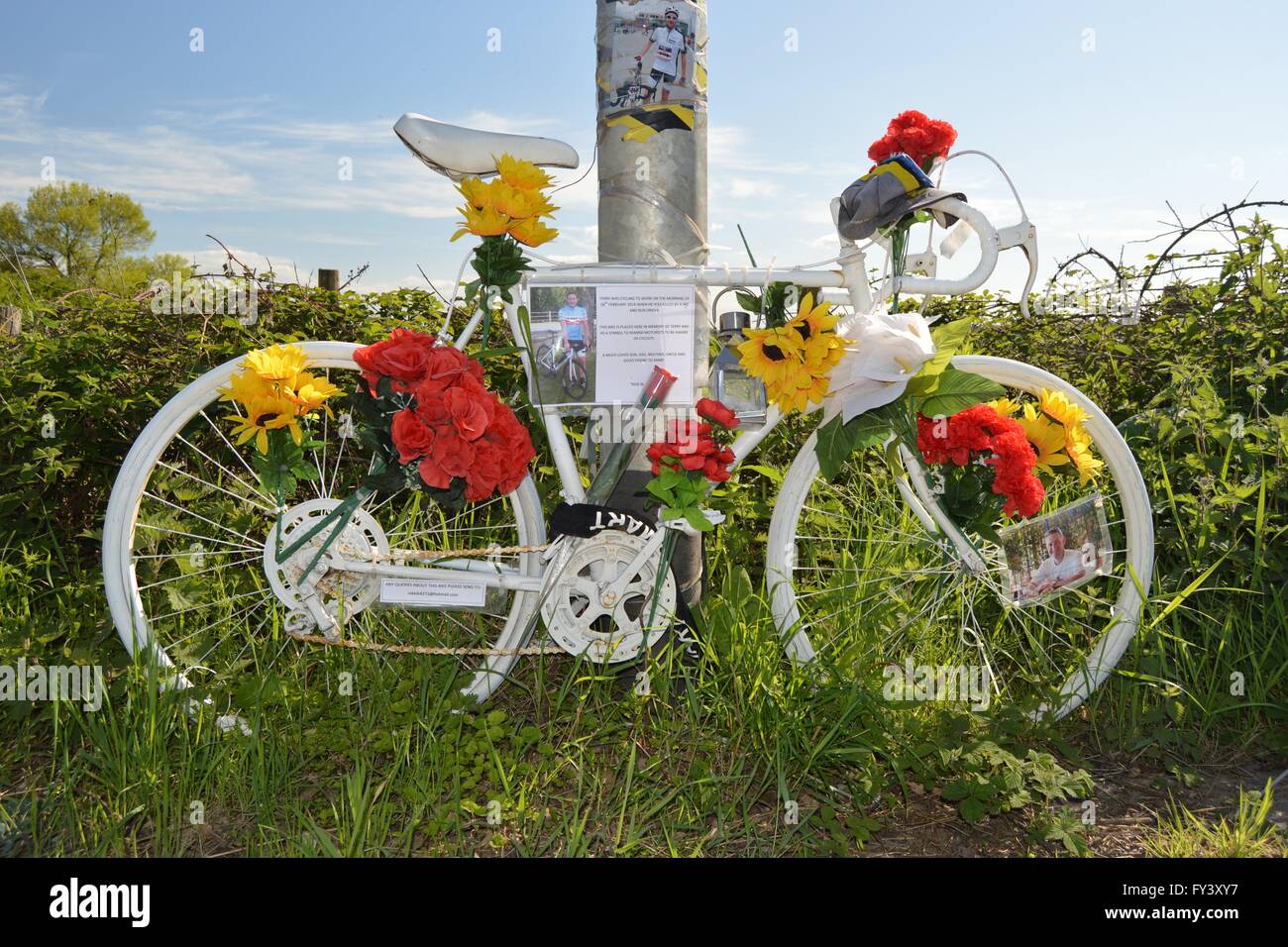A 'ghost bike' roadside memorial. A tribute in memory of a cyclist ...