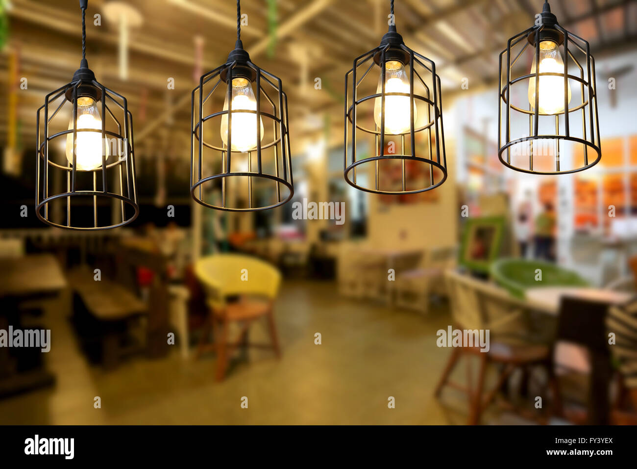 Warm lighting modern ceiling lamps in the cafe and interior decoration ...