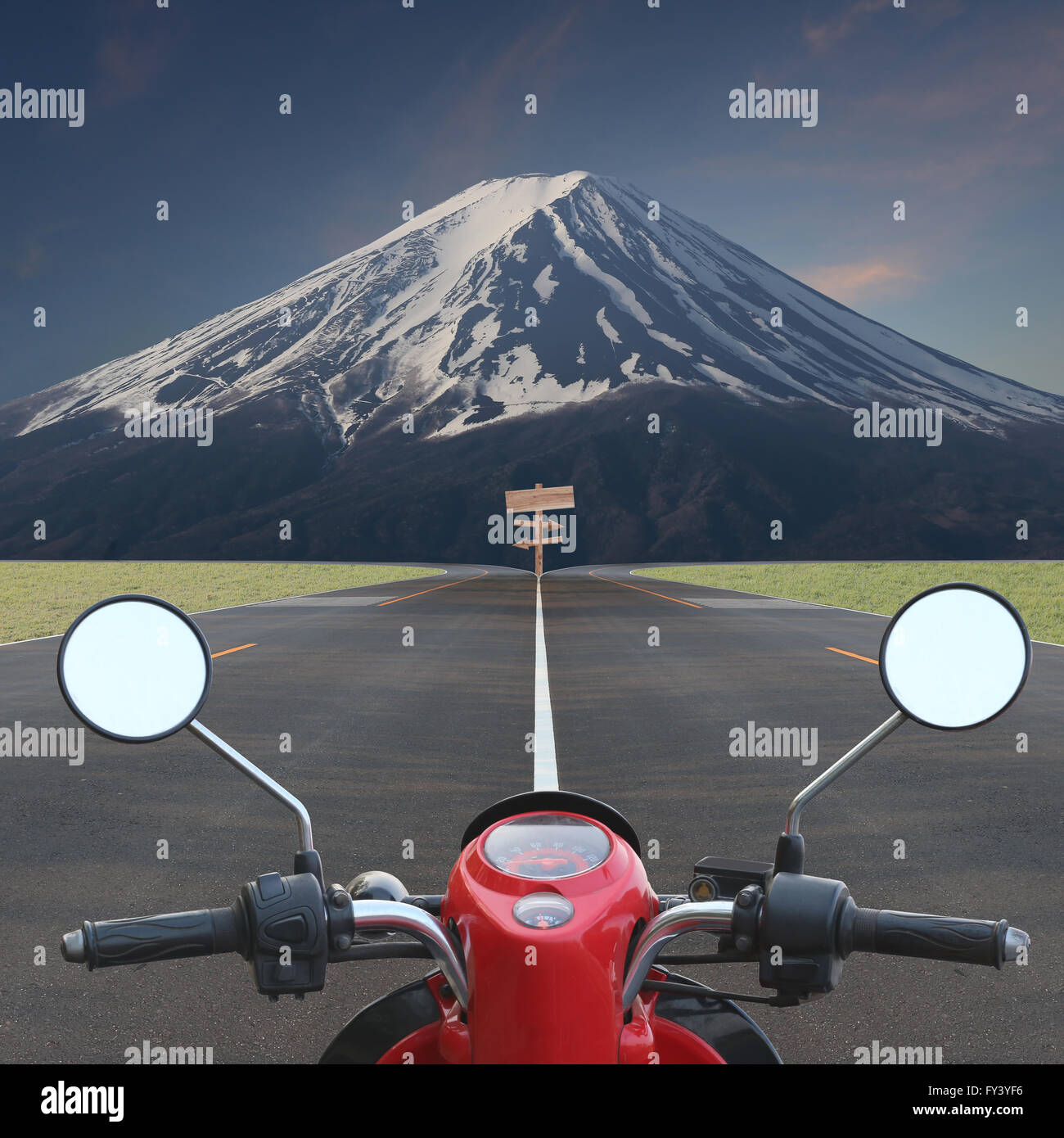 Motorcycle go to volcano and wooden sign in turn left and right,Concept ...