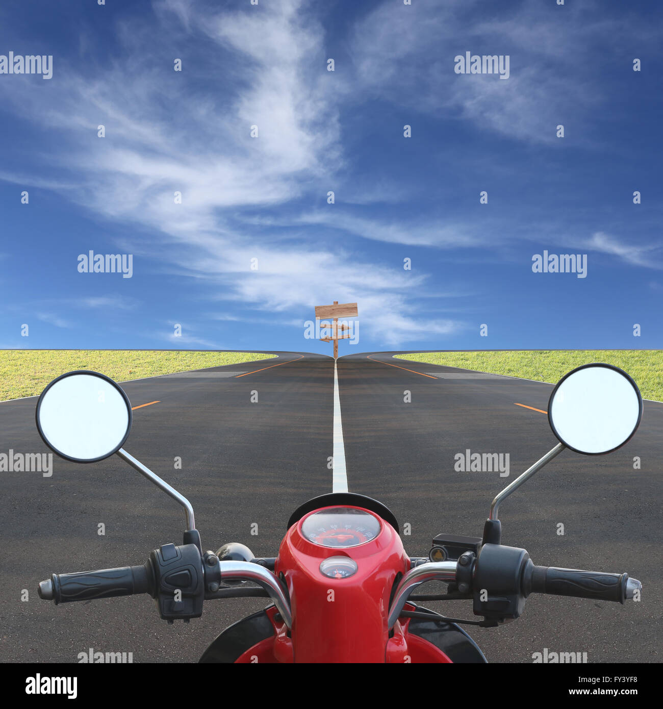 Motorcycle on the way and wooden sign in turn left and right,Concept ...