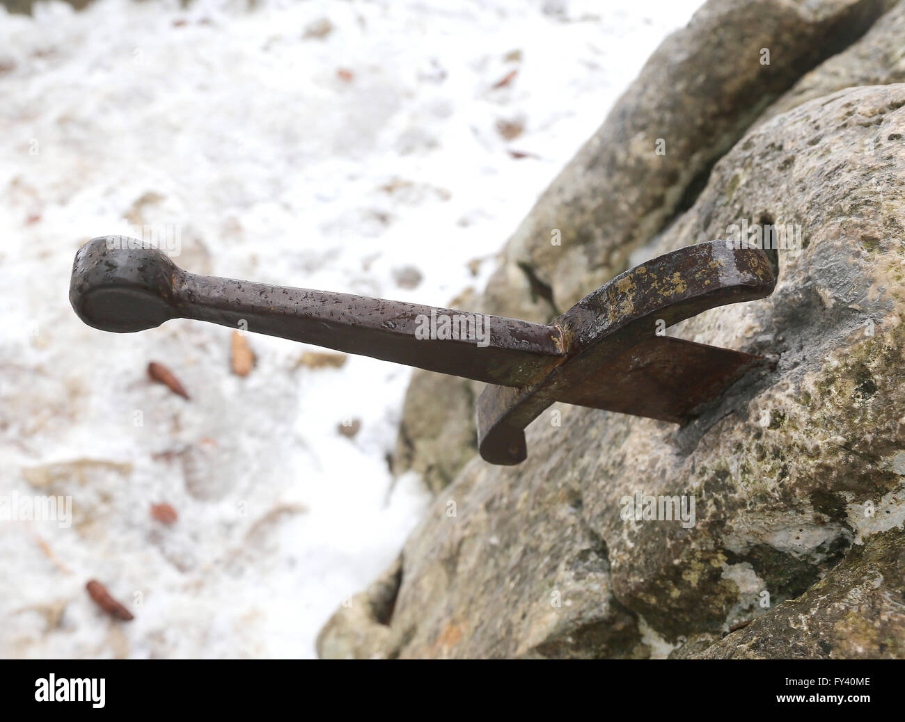 legendary Excalibur sword into the stone in the middle of the forest in ...