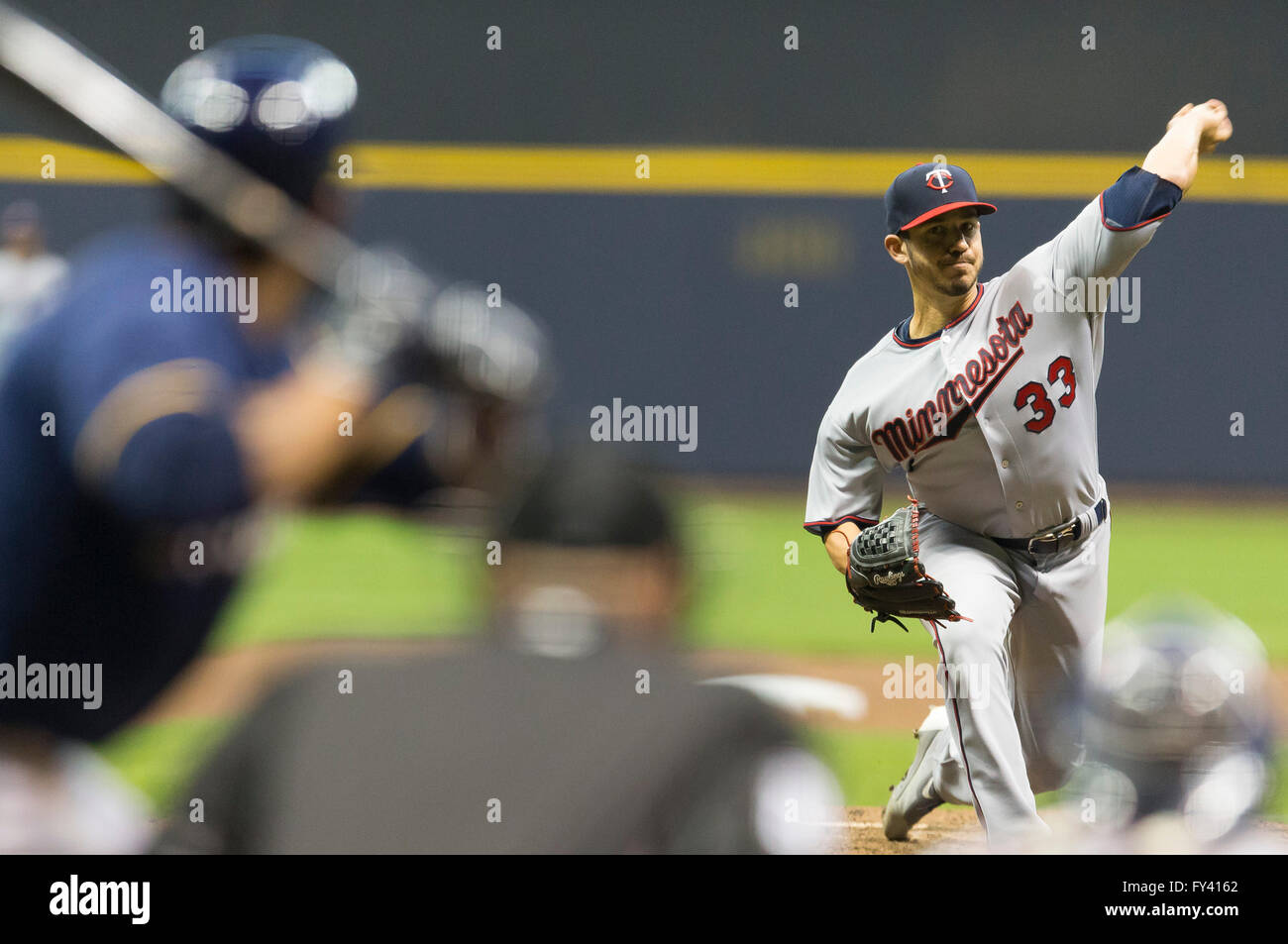 Milwaukee, WI, USA. 20th Apr, 2016. Minnesota Twins starting pitcher ...