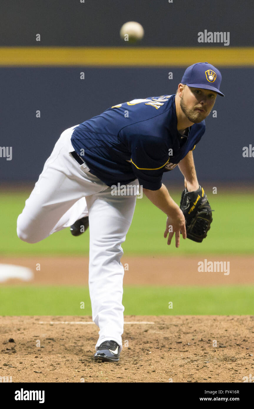 Milwaukee, WI, USA. 20th Apr, 2016. Milwaukee Brewers starting pitcher ...