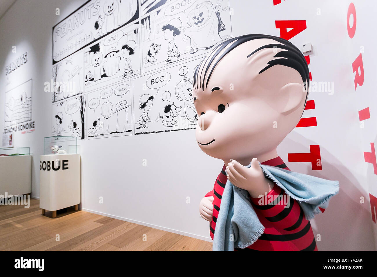 Tokyo, Japan. 21st Apr, 2016. Comic strips of Peanuts on display at the ...