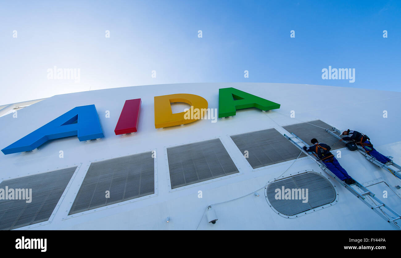 Hamburg, Germany. 21st Apr, 2016. The lettering 'Aida' seen on the new ...