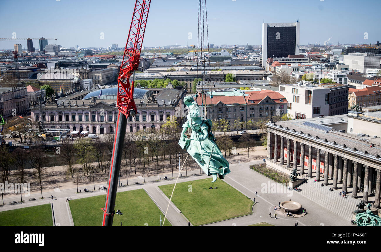 Berlin, Germany. 21st Apr, 2016. A 700-kilogram statue of a woman is ...