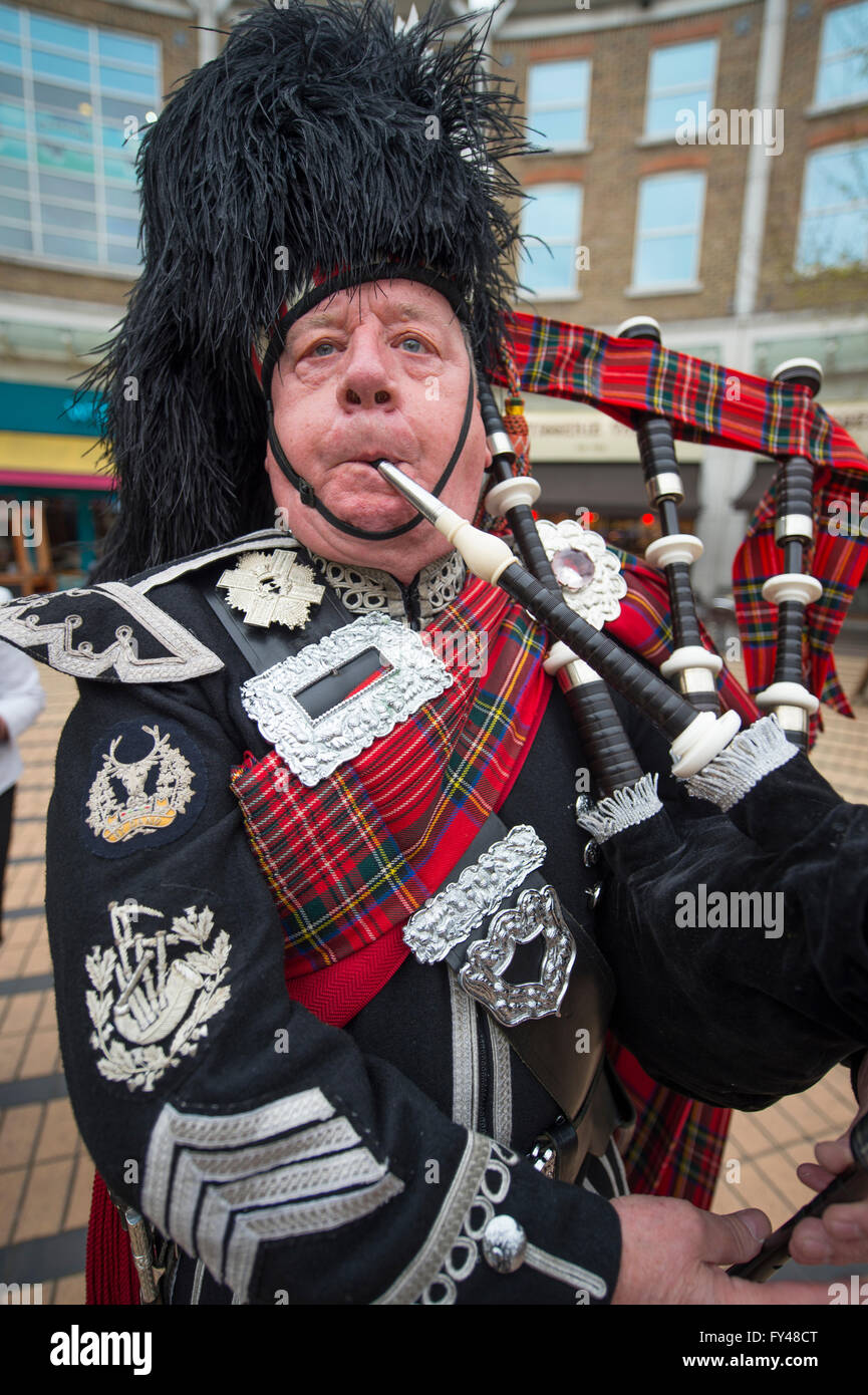 Wimbledon, London, UK. 21st April 2016. Pipe Major Tony Kelly pipes in ...