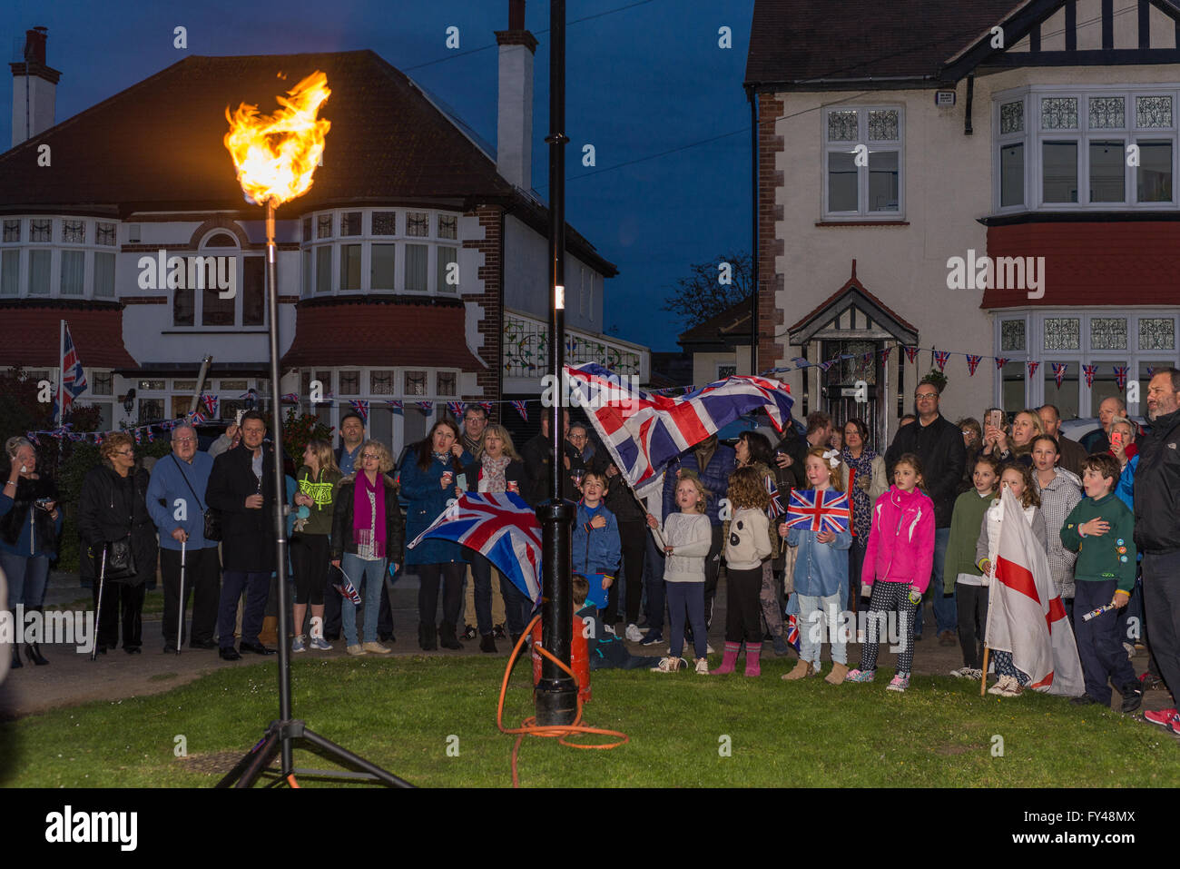 Leigh-on-Sea, UK, 21st April 2016. Hamboro Street residents lighting an ...