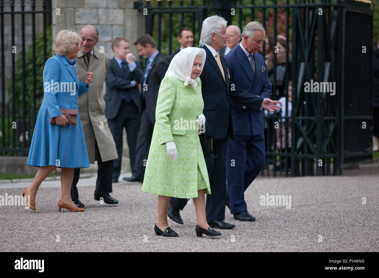 Windsor, UK. 21st April, 2016. The Queen arrives, with the Prince of ...