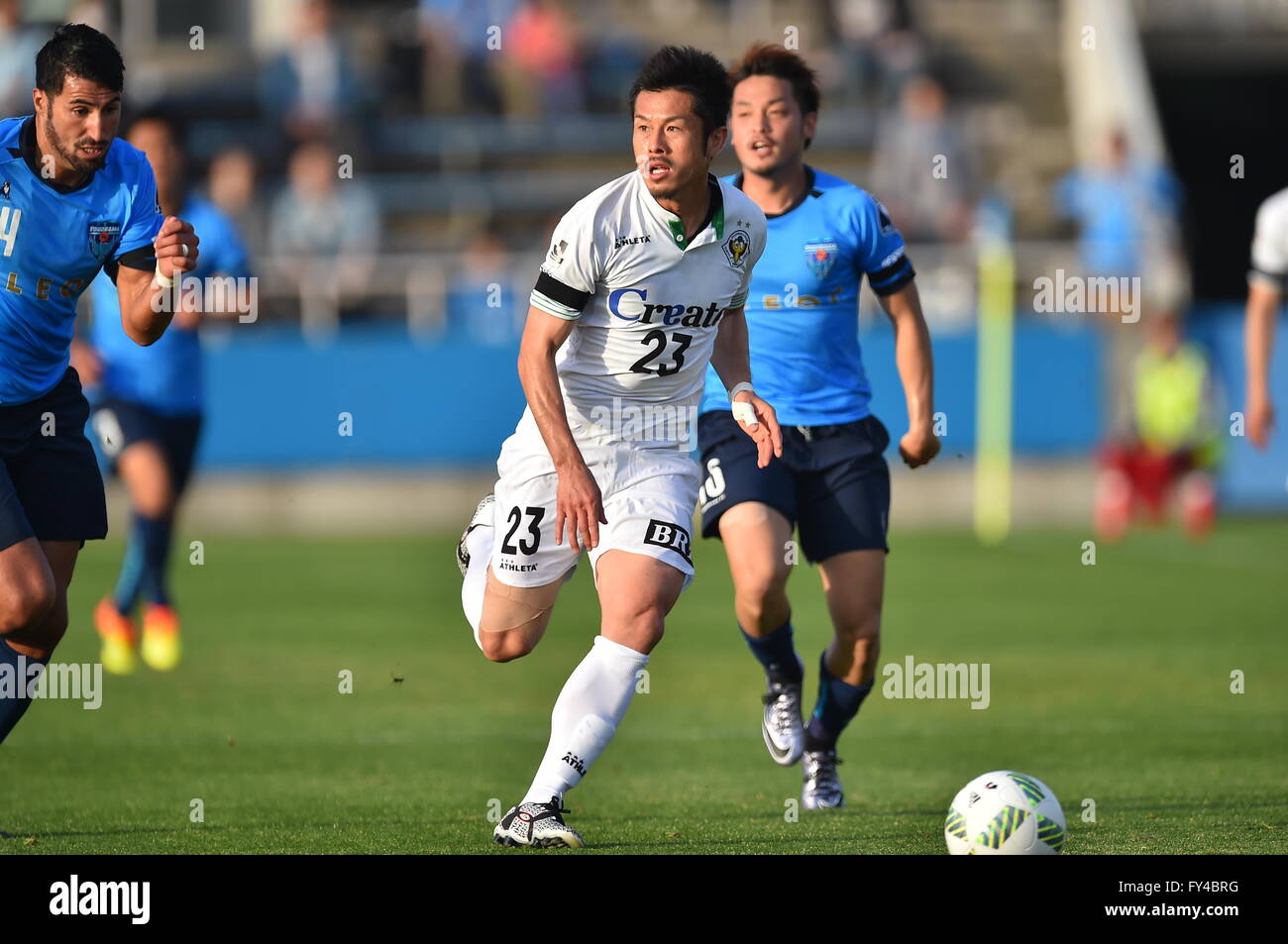 Kanagawa, Japan. 17th Apr, 2016. (L-R) Ibba (Yokohama FC), Naoya Tamura ...
