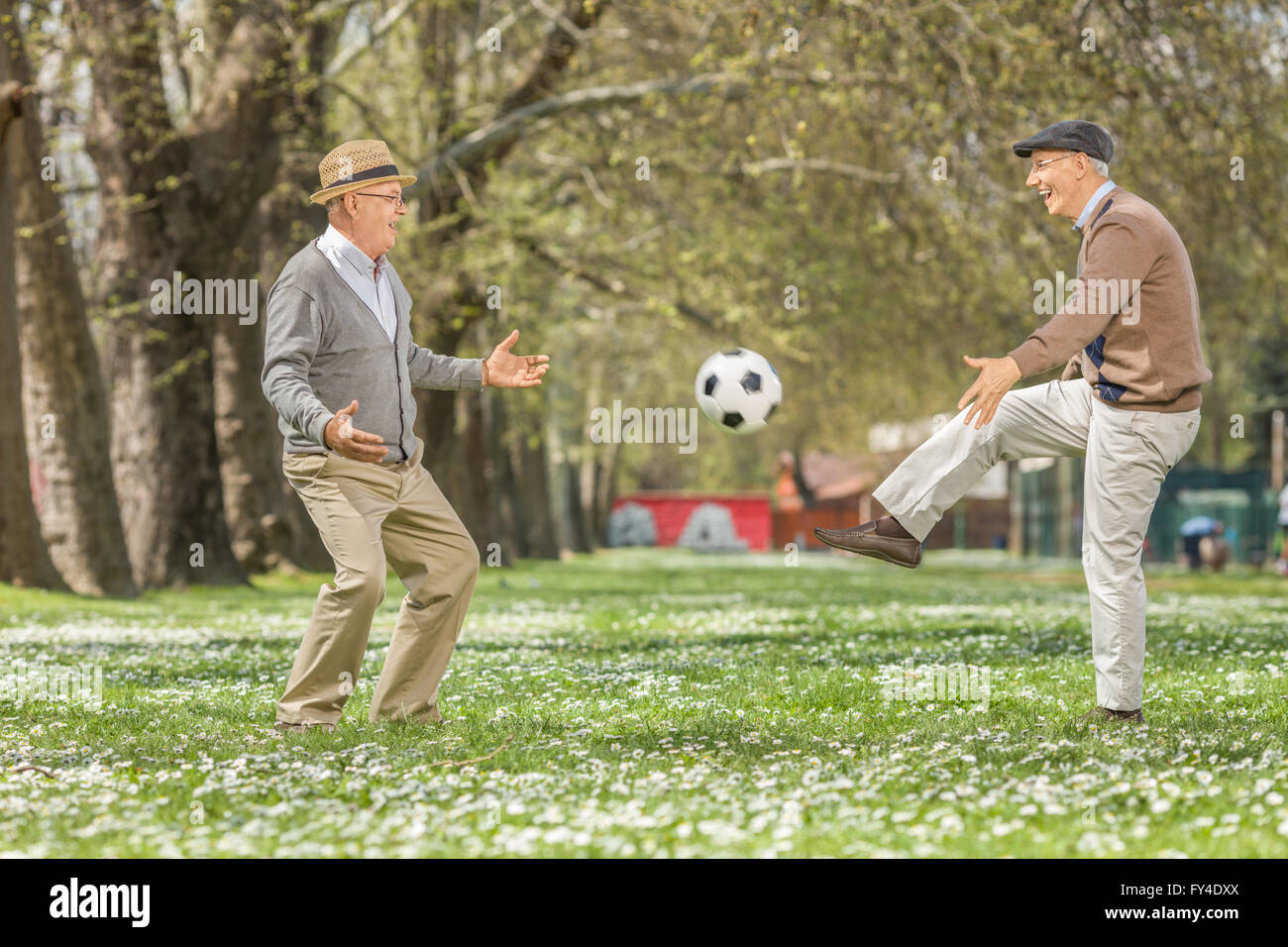 Two joyful seniors playing football in a park on a beautiful spring day ...