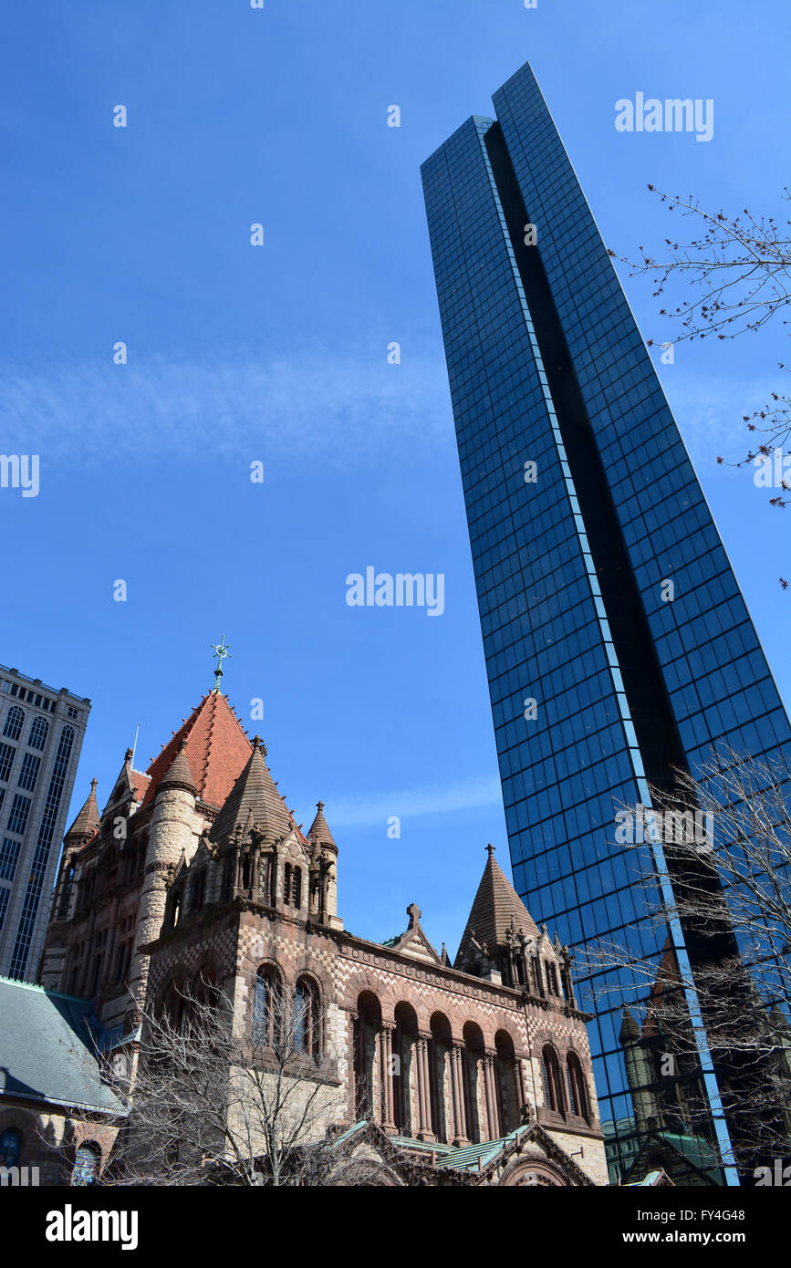 Trinity Church and the Hancock Tower in Copley Square, Boston Stock ...
