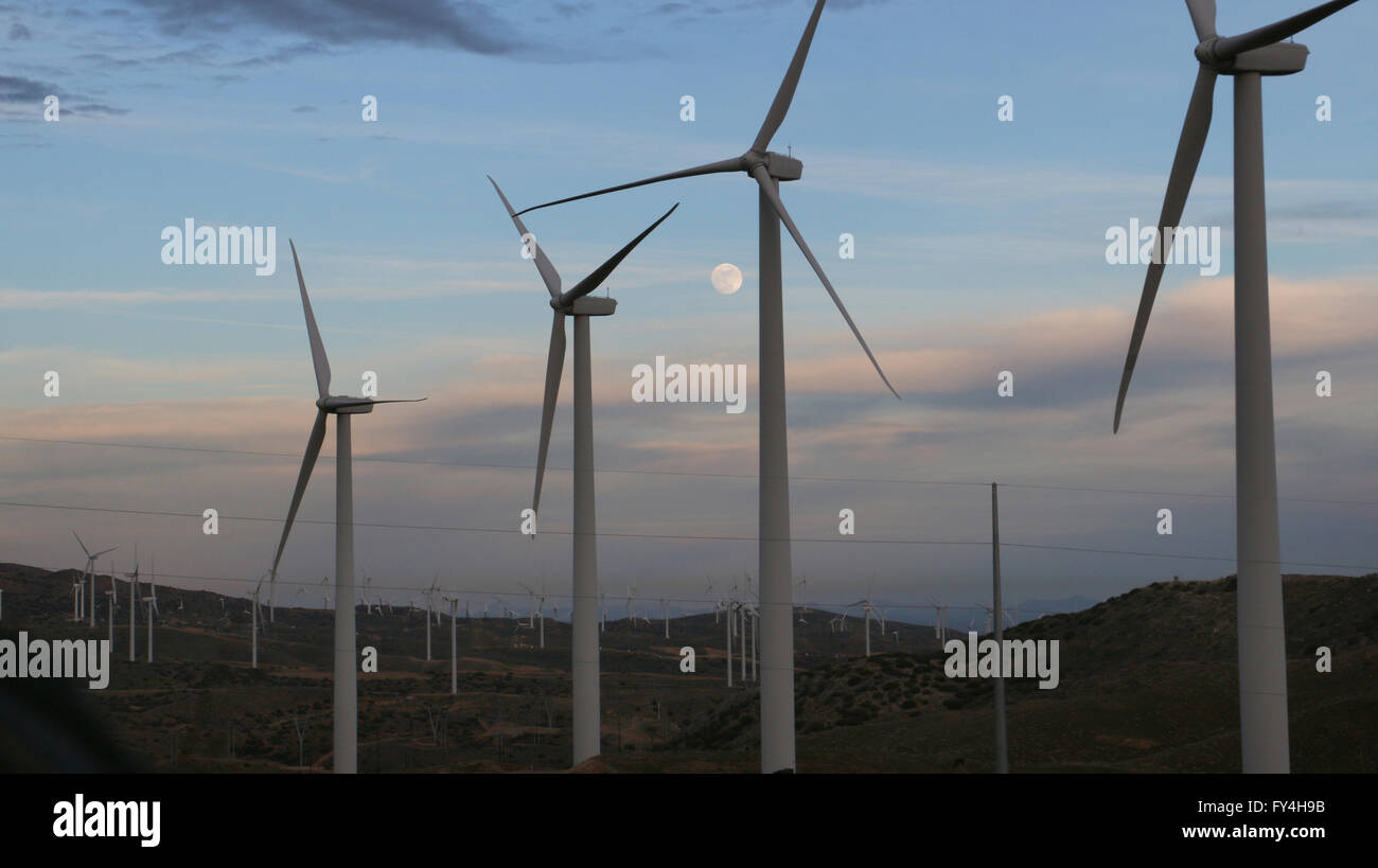 Wind mill turbines farm, California and moon Stock Photo - Alamy