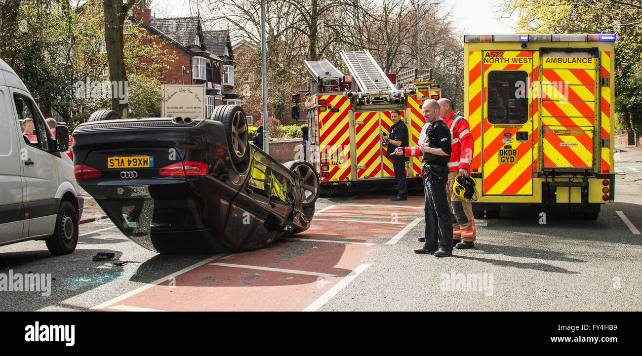 Road accident, fire engine, ambulance, police, overturned car, audi ...