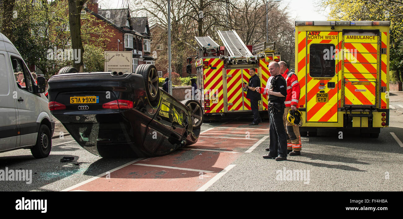 Road accident, fire engine, ambulance, police, overturned car, audi ...