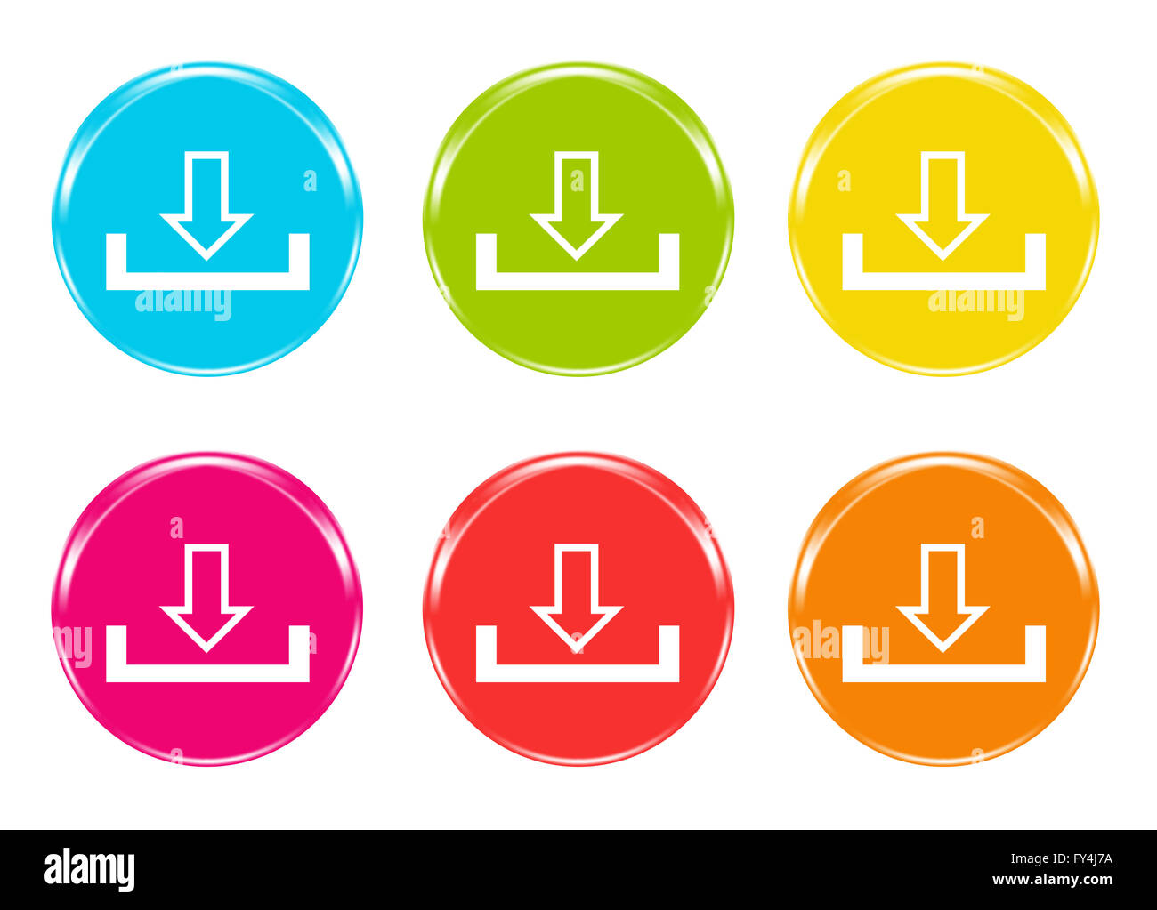 Set of rounded buttons for downloads in blue, green, yellow, pink, red ...